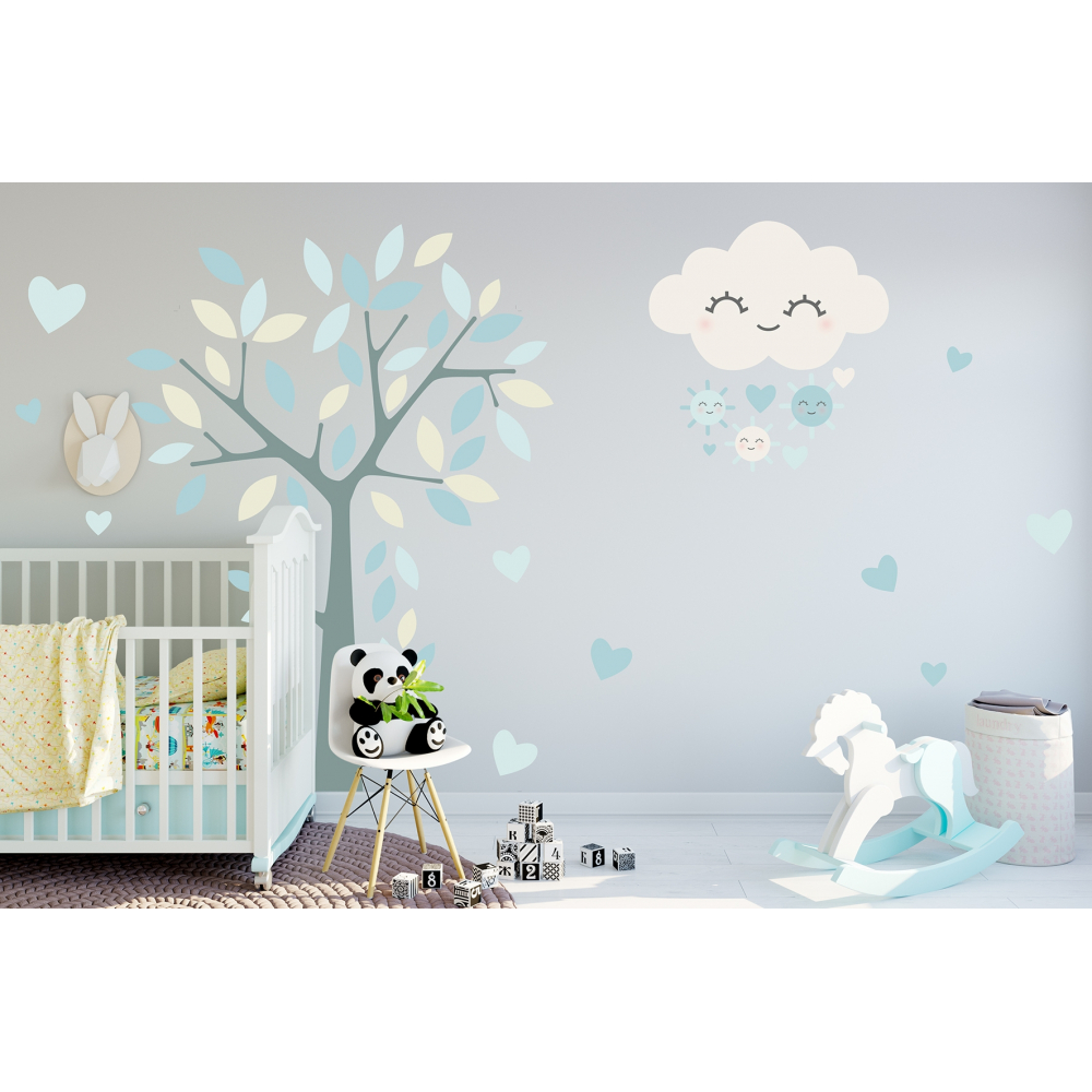 Sticker enfant nuage et soleil - Tissu adhésif enlevable - DECO-VITRES