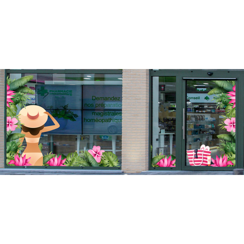 EXO6 - Sticker angle de feuilles exotiques et fleurs roses