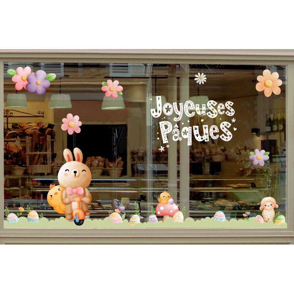 PAQ221 - Sticker frise Pâques fleurs, poussin, agneau et oeufs aquarelle
